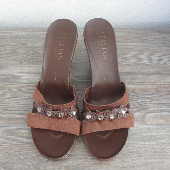 Italian Shoemakers Shoes Italian Shoemakers Dark Brown Rhinestone Flower Open Toe Wedge